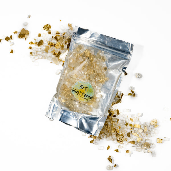 1/4" Gold Reflective Crushed Tempered Glass – 1 Pound Bag – Art Shattered